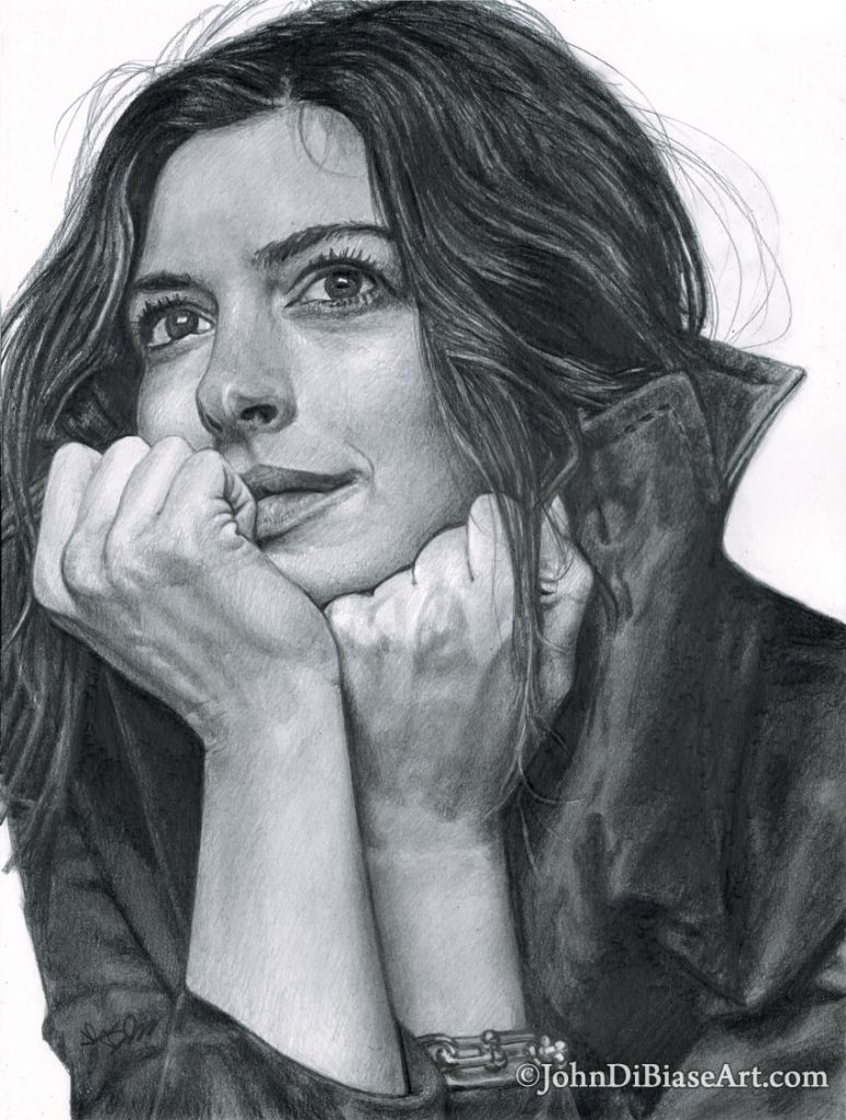 Anne Hathaway Freehand Graphite Drawing – The Artwork of John DiBiase