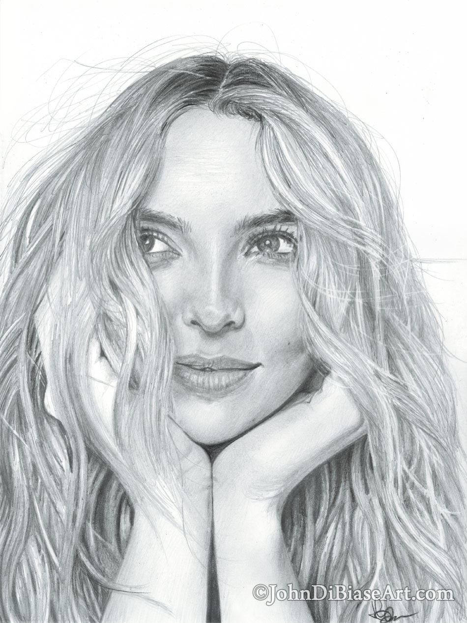 Freehand Graphite Jodie Comer Portrait Drawing – The Artwork of John ...
