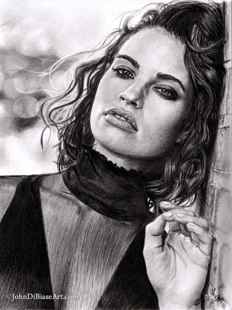Lily James Freehand Graphite Pencil Drawing – The Artwork of John DiBiase